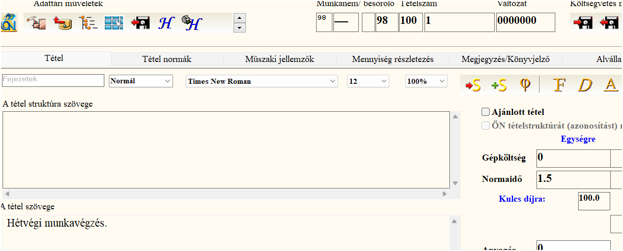 TERC - Különleges munkanemek használata a TERC V.I.P. rendszerében