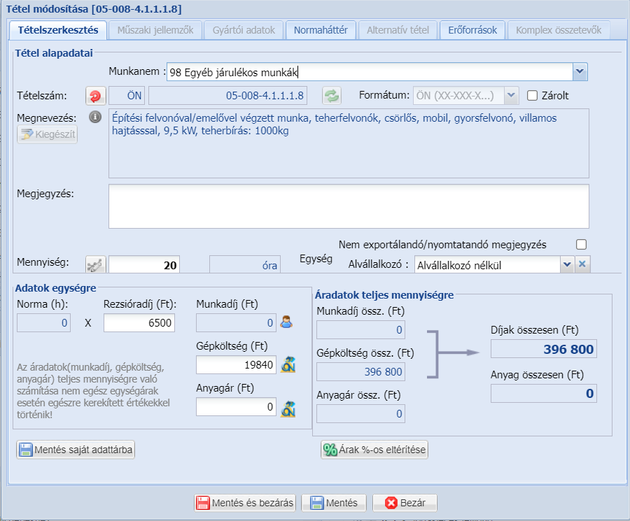 TERC - Különleges munkanemek használata a TERC-ETALON rendszerében